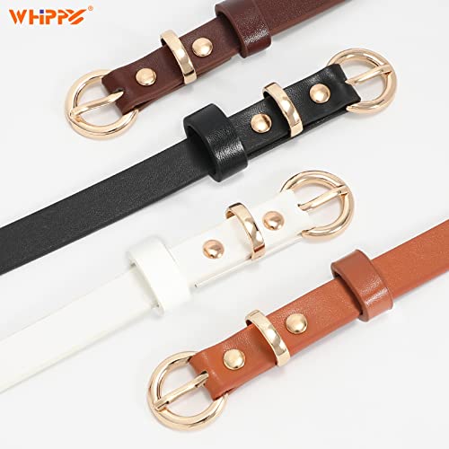 WHIPPY Set of 4 Women Skinny Belts Thin Leather Waist Belt with Alloy Pin Buckle for Pants Jeans Dresses, Black/Brown/Coffee/White,Fits Waist 27"-31"