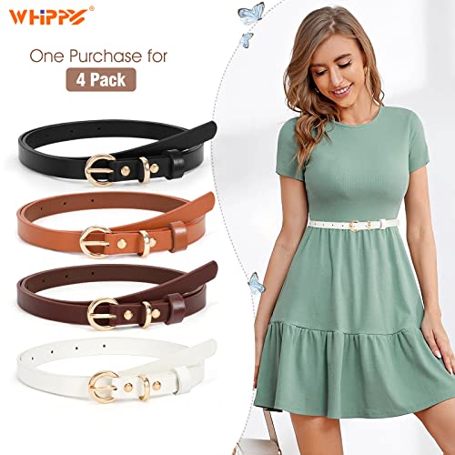 WHIPPY Set of 4 Women Skinny Belts Thin Leather Waist Belt with Alloy Pin Buckle for Pants Jeans Dresses, Black/Brown/Coffee/White,Fits Waist 27"-31"