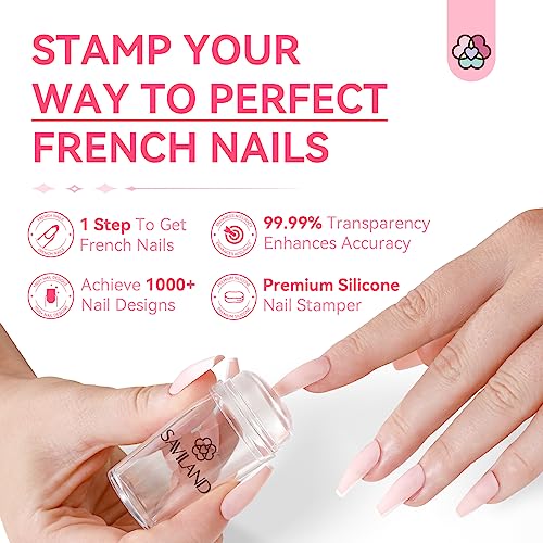 Saviland French Tip Nail Stamp - 4PCS Nail Art Stamper Kit Clear Silicone Nail Stamping Long & Short Jelly Stamper for Nails with Scrapers Nail Stamper Kit for French Manicure Home DIY Nail Art Salon