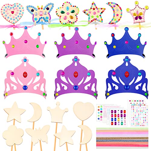 55 Piece Princess Wands Kit Include Wooden Wands for Crafts, Gem Stickers, Ribbons, Foam Princess Tiaras and Wooden Crowns DIY Heart Butterfly Moon Wand Make Your Own Princess Wand for Kid Girl