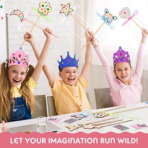 55 Piece Princess Wands Kit Include Wooden Wands for Crafts, Gem Stickers, Ribbons, Foam Princess Tiaras and Wooden Crowns DIY Heart Butterfly Moon Wand Make Your Own Princess Wand for Kid Girl