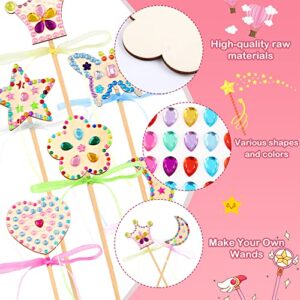 55 Piece Princess Wands Kit Include Wooden Wands for Crafts, Gem Stickers, Ribbons, Foam Princess Tiaras and Wooden Crowns DIY Heart Butterfly Moon Wand Make Your Own Princess Wand for Kid Girl