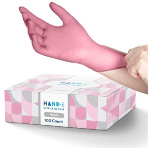 hand-e touch pink nitrile disposable gloves medium, 100 count - esthetician, nail tech, microblading, hair dye & stylist, salon, cleaning gloves - latex free gloves