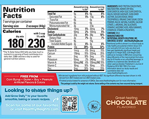 Grow Daily 3+ Shake Mix 7-serving Canister by Healthy Heights - Protein Powder (Chocolate) - Developed by Pediatricians - High in Protein Nutritional Shake - Contains Key Vitamins & Minerals