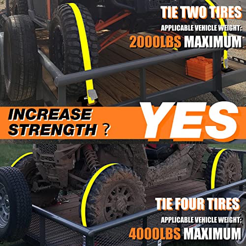 Autofonder Vehicle Wheel Chock Tie Down kit 1986lb Break Strength Ultimate Heavy Duty Trailer Tire Straps System for ATV,UTV,Lawn Mower