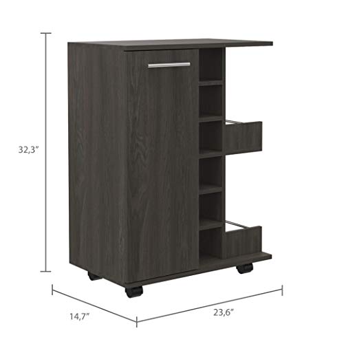 FM FURNITURE Tennessee 32-inch Tall Bar Cart with 1 Cabinet, 6 Cubbies, and 2 Shelves, Carbon Espresso