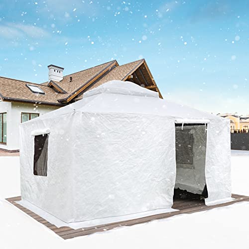 Gazebo Accessories 10' x 12' Universal Winter Gazebo Cover for Hardtop Gazebos,Enclosed Cover with Sidewalls and Mesh Windows Waterproof (White) by domi outdoor living