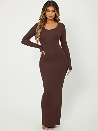 Floerns Women's Solid Long Sleeve Scoop Neck Bodycon Pencil Maxi Dress Coffee Brown S