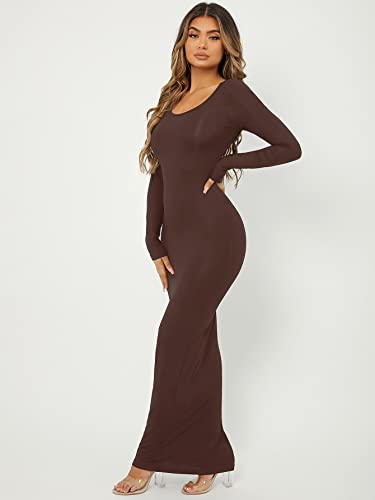 Floerns Women's Solid Long Sleeve Scoop Neck Bodycon Pencil Maxi Dress Coffee Brown S