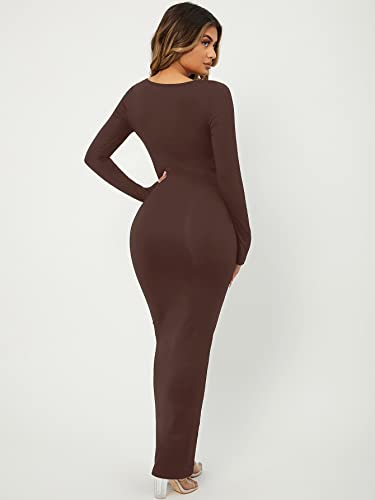 Floerns Women's Solid Long Sleeve Scoop Neck Bodycon Pencil Maxi Dress Coffee Brown S