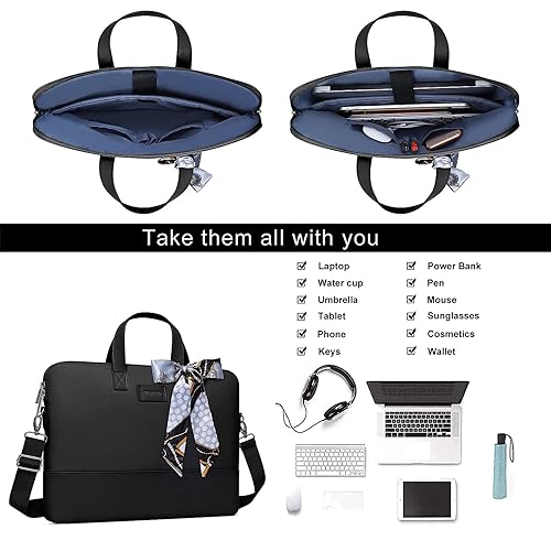 MOSISO Laptop Bag for Women, 15-15.6 inch Computer Bag Compatible with MacBook Pro 16 inch, HP, Dell, Lenovo, Asus, Razer Notebook, Laptop Shoulder Messenger Bag with Strap and Silk Scarf, Black