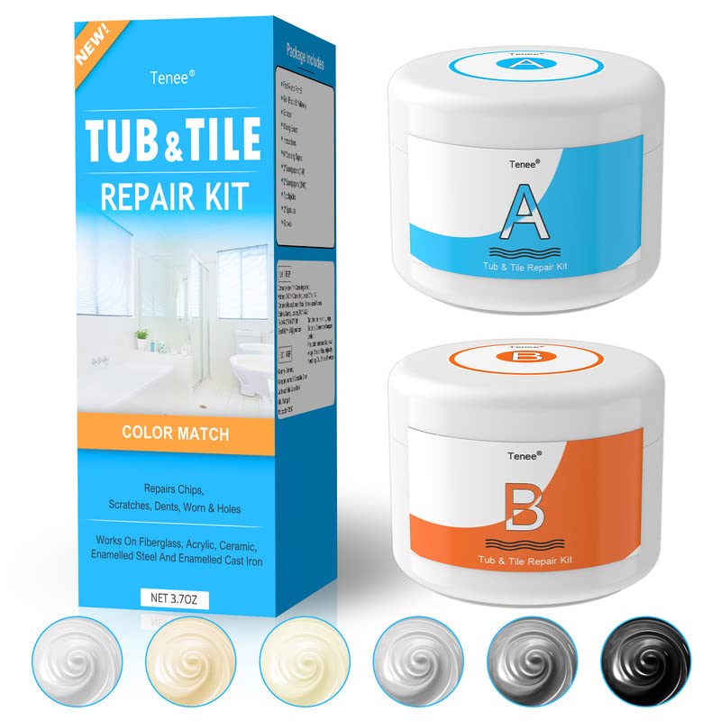 Tub Repair Kit & Porcelain Repair Kit (Color Match) - 3.7 OZ Fiberglass Repair Kit with Super Adhesion, Bathtub Repair Kit for Cracked Bathtub, Perfectly Treat Cracks, Holes, Dents, Worns and Shower.