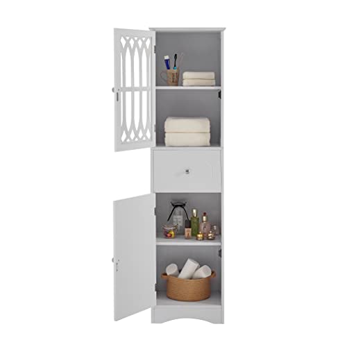 Merax Freestanding Linen Tower Bathroom Storage Cabinet with Adjustable Shelf, Drawer and 2 Doors, Tall Slim, 16.5" L x 14.2''W x 63.8''H, White