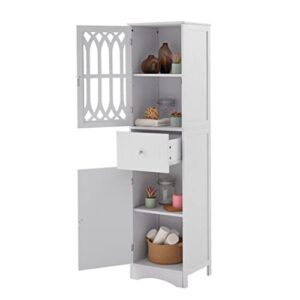 Merax Freestanding Linen Tower Bathroom Storage Cabinet with Adjustable Shelf, Drawer and 2 Doors, Tall Slim, 16.5" L x 14.2''W x 63.8''H, White