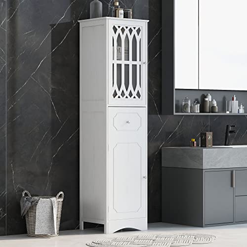 Merax Freestanding Linen Tower Bathroom Storage Cabinet with Adjustable Shelf, Drawer and 2 Doors, Tall Slim, 16.5" L x 14.2''W x 63.8''H, White