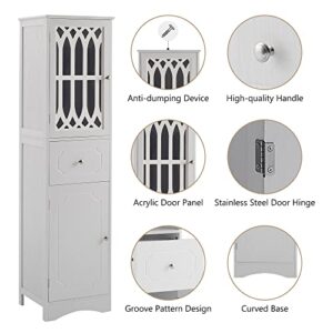 Merax Freestanding Linen Tower Bathroom Storage Cabinet with Adjustable Shelf, Drawer and 2 Doors, Tall Slim, 16.5" L x 14.2''W x 63.8''H, White