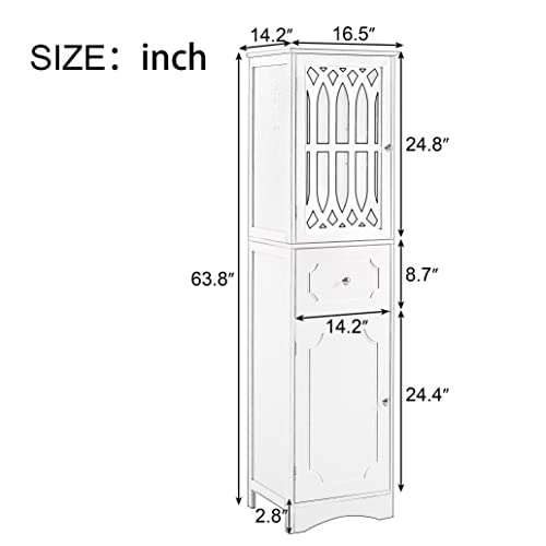 Merax Freestanding Linen Tower Bathroom Storage Cabinet with Adjustable Shelf, Drawer and 2 Doors, Tall Slim, 16.5" L x 14.2''W x 63.8''H, White