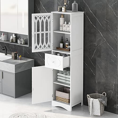 Merax Freestanding Linen Tower Bathroom Storage Cabinet with Adjustable Shelf, Drawer and 2 Doors, Tall Slim, 16.5" L x 14.2''W x 63.8''H, White