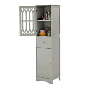 Merax Freestanding Linen Tower Bathroom Storage Cabinet with Adjustable Shelf, Drawer and 2 Doors, Tall Slim, 16.5" L x 14.2''W x 63.8''H, Grey