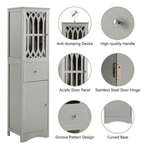 Merax Freestanding Linen Tower Bathroom Storage Cabinet with Adjustable Shelf, Drawer and 2 Doors, Tall Slim, 16.5" L x 14.2''W x 63.8''H, Grey