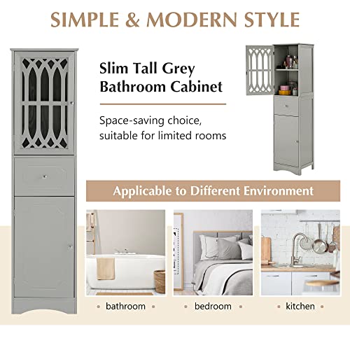 Merax Freestanding Linen Tower Bathroom Storage Cabinet with Adjustable Shelf, Drawer and 2 Doors, Tall Slim, 16.5" L x 14.2''W x 63.8''H, Grey