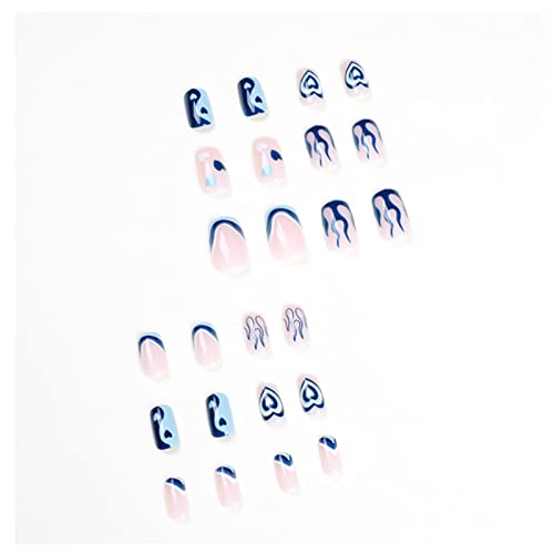 DANMANR Medium Press on Nails Full Cover Fake Nails Acrylic Stick on Nails False Nails for Women and Girls (Blue heart french nails)