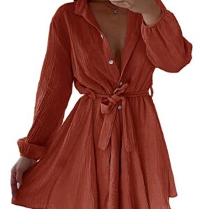 Foshow Womens Button Down V Neck Dresses Tunic Tie Waist Swing Mini Dress Casual Solid Long Sleeve Shirt Tops with Belt Brick Red