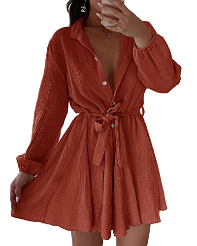 Foshow Womens Button Down V Neck Dresses Tunic Tie Waist Swing Mini Dress Casual Solid Long Sleeve Shirt Tops with Belt Brick Red