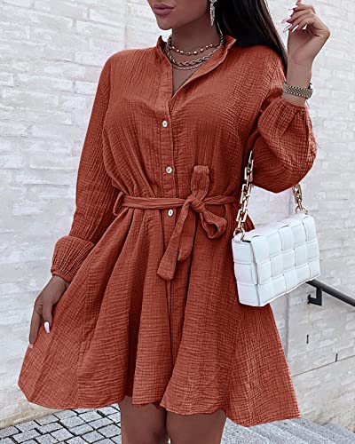 Foshow Womens Button Down V Neck Dresses Tunic Tie Waist Swing Mini Dress Casual Solid Long Sleeve Shirt Tops with Belt Brick Red