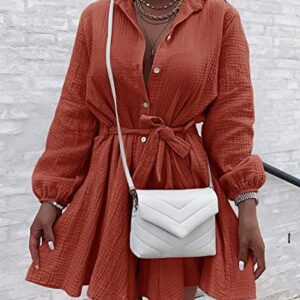 Foshow Womens Button Down V Neck Dresses Tunic Tie Waist Swing Mini Dress Casual Solid Long Sleeve Shirt Tops with Belt Brick Red