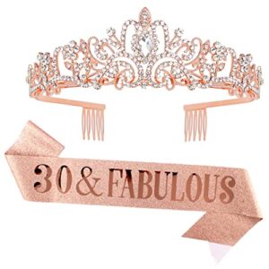 aoprie birthday crown for women 30 & fabulous birthday sash for women girls rose gold birthday tiara 30th birthday gifts her him decoration for women princess crown rhinestone headband happy birthday accessories