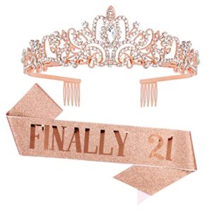 aoprie birthday crown for women finally 21st birthday sash for women girls rose gold birthday tiara 21 birthday gifts her him decoration for women princess crown rhinestone headband happy birthday accessories