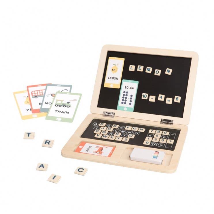 Tooky Toy Children's Wooden Laptop TH819, Magnetic Letters, Chalk, Colour: Beige