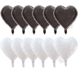 zzart 12 pcs heart foil shining balloons, 18 inch white & black bright color helium metallic balloons for birthday bridal valentines bachelorette eve anniversary decorations wedding party supplies