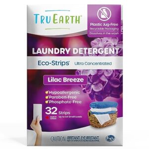 tru earth laundry detergent sheets - up to 64 loads (32 sheets) - no plastic jug - original eco-strip liquidless laundry detergent - lilac breeze