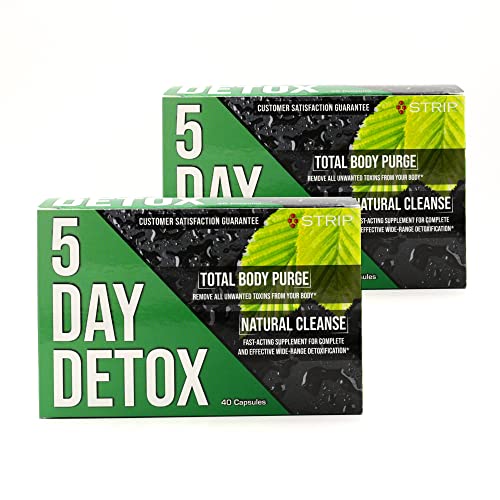 Strip 5 Day Permanent Detox Cleanse - Complete Body Cleansing Kit - Toxin Rid - Detox with Burdock, Dandelion, Red Clover Blossom, Alfalfa, Slippery Elm - 40 Capsules, 2 Pack