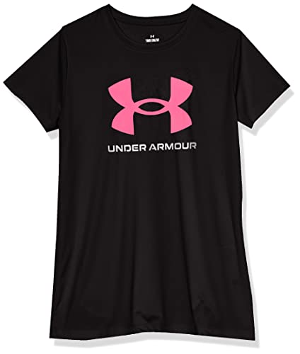 Under Armour Girls' Standard Tech Print Big Logo Short Sleeve Crew, (002) Black/Cerise/White, Large