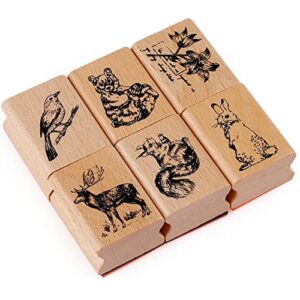 tvoip 6pcs stylish vintage cute animal plant wooden rubber stamps scrapbooking painting cards deer panda rabbit flower decor diy craft