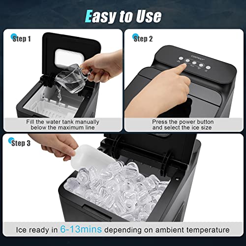 COSTWAY Countertop Ice Maker, 33LBS/24H Portable and Compact Ice Machine with Self-Cleaning Function, 9 Ice Cubes Ready in 6 Mins, Include Ice Scoop and Basket for Home Kitchen Office, Black