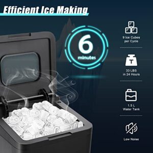 COSTWAY Countertop Ice Maker, 33LBS/24H Portable and Compact Ice Machine with Self-Cleaning Function, 9 Ice Cubes Ready in 6 Mins, Include Ice Scoop and Basket for Home Kitchen Office, Black