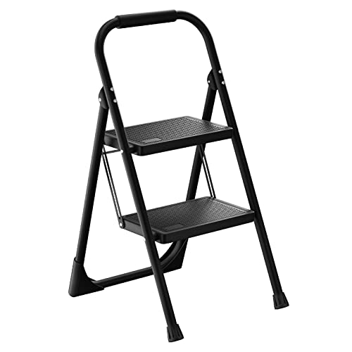 ALPURLAD Step Ladder 2 Step Stool Folding Step Stools for Adults with Handgrip & Anti-Slip Sturdy and Wide Pedal 330lbs Stepladder Multi-Use for Household & Office Foldable Step Stool