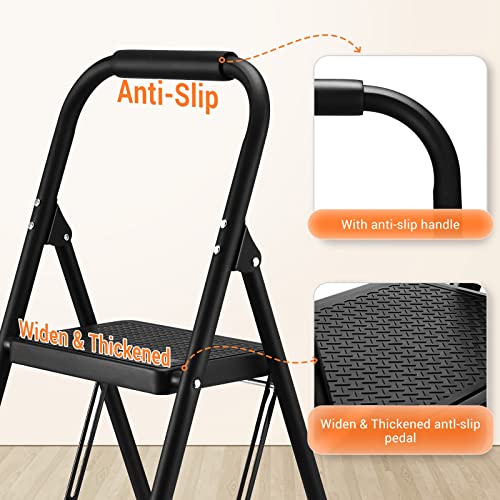 ALPURLAD Step Ladder 2 Step Stool Folding Step Stools for Adults with Handgrip & Anti-Slip Sturdy and Wide Pedal 330lbs Stepladder Multi-Use for Household & Office Foldable Step Stool