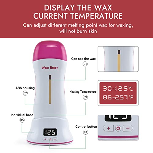 Wax Bear Roll On Wax Heater Kit for Hair Removal,Roller Wax Cartridge Depilatory Digital Temperature Display with for Personal & Professional Use，White