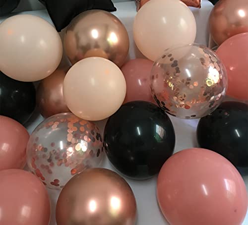 Black Rose gold Balloons- Dusty Pastel Pink and Black Balloons 12inch for Birthday Graduation Wedding Bridal Shower Anniversary Party Decorations (Black + Retro Pink + Gold)