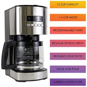 Kenmore Aroma Control 12-cup Programmable Coffee Maker, Black and Stainless Steel Drip Coffee Machine, Glass Carafe, Reusable Filter, Timer, Digital Display, Charcoal Water Filter, Regular or Bold