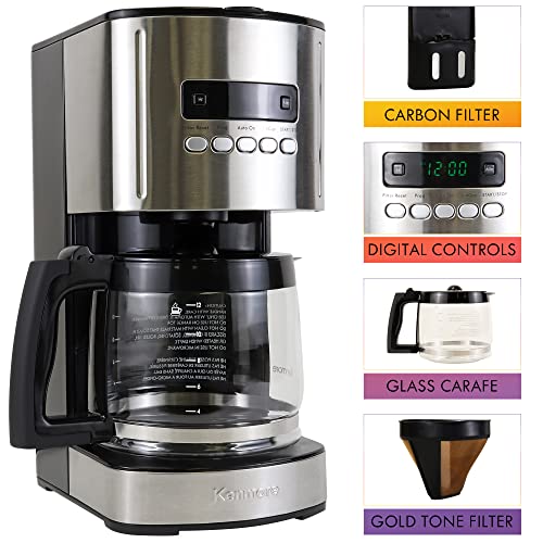 Kenmore Aroma Control 12-cup Programmable Coffee Maker, Black and Stainless Steel Drip Coffee Machine, Glass Carafe, Reusable Filter, Timer, Digital Display, Charcoal Water Filter, Regular or Bold