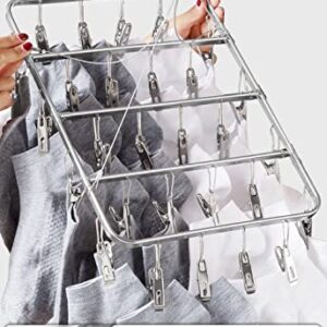 TOWOOZ Clothes Drying Rack with Clips, Stainless Steel Durable Clip and Drip Hanger Windproof Clothes Hanger Rack for Socks/Bras/Underwear/Towels, Portable Laundry Drying Rack (28 Clips, Silver)