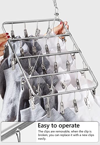 TOWOOZ Clothes Drying Rack with Clips, Stainless Steel Durable Clip and Drip Hanger Windproof Clothes Hanger Rack for Socks/Bras/Underwear/Towels, Portable Laundry Drying Rack (28 Clips, Silver)