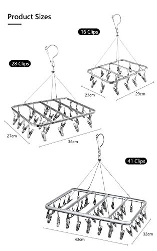 TOWOOZ Clothes Drying Rack with Clips, Stainless Steel Durable Clip and Drip Hanger Windproof Clothes Hanger Rack for Socks/Bras/Underwear/Towels, Portable Laundry Drying Rack (28 Clips, Silver)