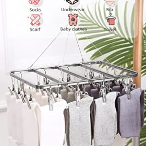 TOWOOZ Clothes Drying Rack with Clips, Stainless Steel Durable Clip and Drip Hanger Windproof Clothes Hanger Rack for Socks/Bras/Underwear/Towels, Portable Laundry Drying Rack (28 Clips, Silver)